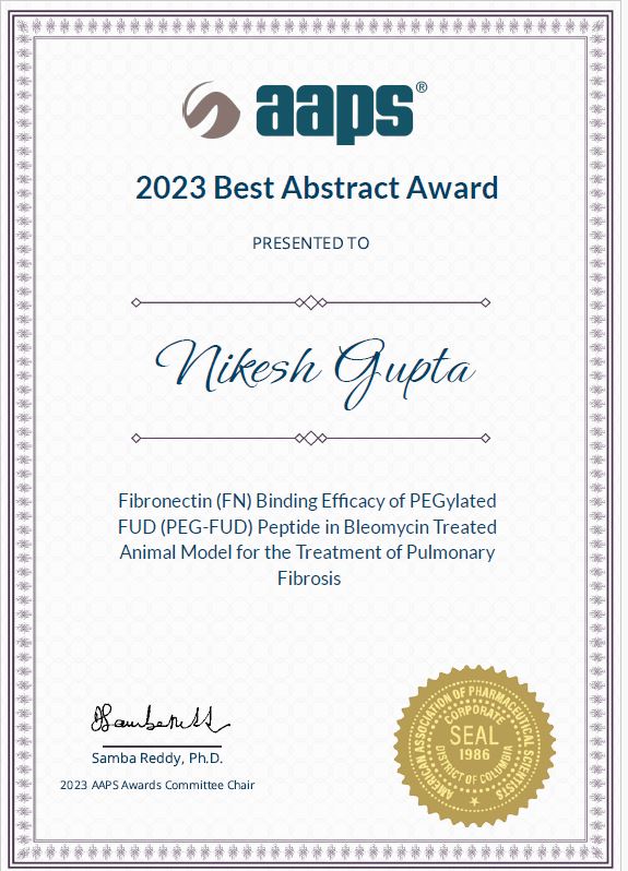 Nikesh won 2023 AAPS best abstract award – Kwon Research Group – UW–Madison